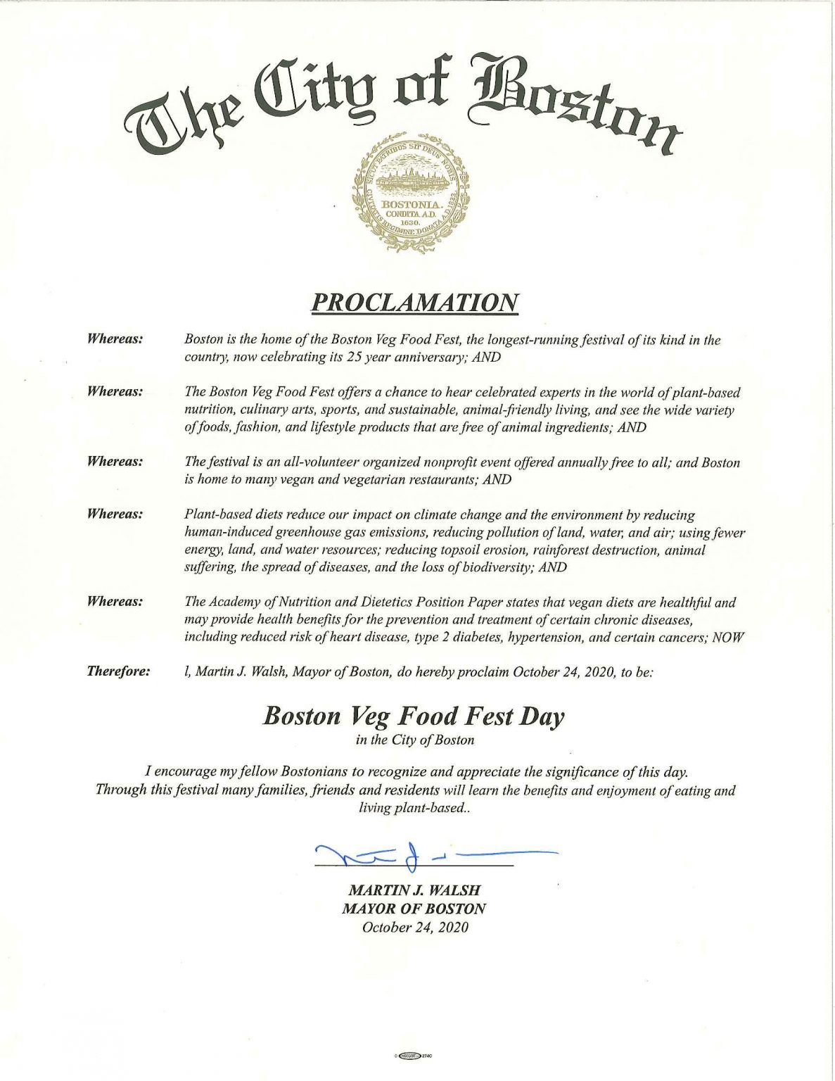 City of Boston Proclamation – Boston Vegetarian Society